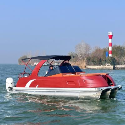 China Customizable FRP-26FT Fiberglass Pontoon Boat with 150HP Outboard Motor and LED Navigation Lights for sale