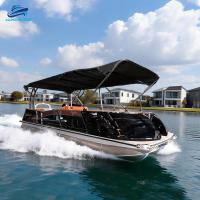 China 24FT Sport Fiberglass Pontoon Boat with Dual Bimini and Vibrant Orange Interior for sale