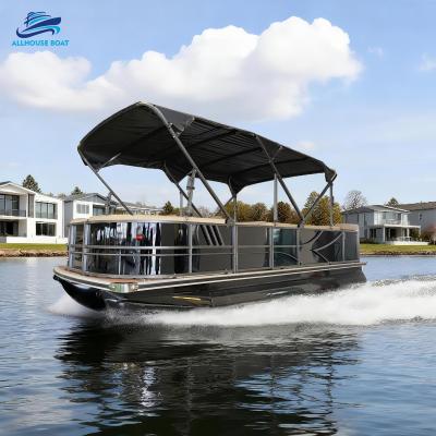 China 19FT Single Layer Pontoon Boat with Dual Bimini and Marine Grade Aluminum for Leisure Cruising for sale