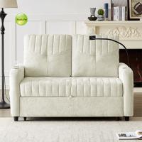 China Modern Soft Chenille Fabric Convertible Sofa Bed with USB Port & Cup Holder & Phone Stand 2 Seater Sofa Pull Out Sleeping Sofa Bed for sale