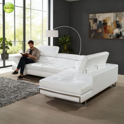 China White Leather L-Shaped Sofa & Adjustable Backrest: Sleek, Comfy – Ideal for Solo Relaxation for sale