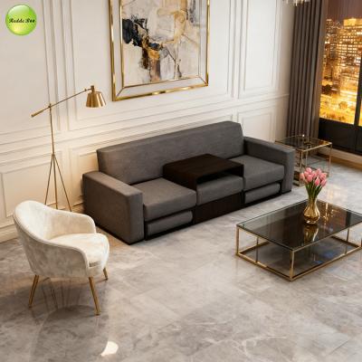 China Modern Linen Fabric Sofa Bed With Drawers and Tea Table Three Seat Living Room Sofa Convertible Sleeper Futon Sofa Bed for sale