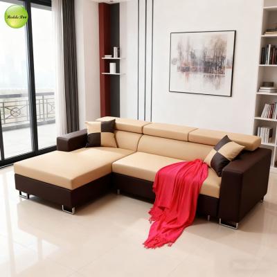 China Modern PU Leather L-Shape Corner Sofa For Living Room Furniture Convertible Sleeping Pull Out Sofa Bed With Adjustable Headrest for sale