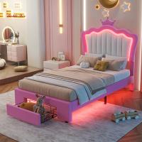 China Pink Childrens Princess Bed Furniture With LED Lights Twin Size Pastel Friendly for sale