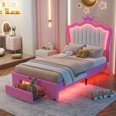 China Pink Childrens Princess Bed Furniture With LED Lights Twin Size Pastel Friendly for sale