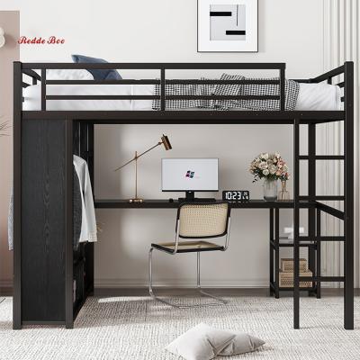 China Compact Reinforced Metal Loft Bed Furniture With Desk Clothes Rack Space Saving for sale