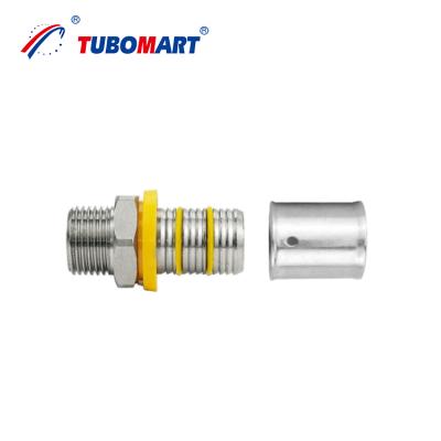 China Tubomart Customized Support Brass PEX AL PEX Fittings Gas Plumbing System Yellow 16-32MM Socket Tee Elbow for sale