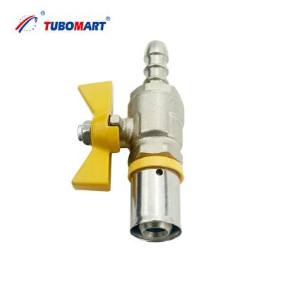 China OEM PRESS GAS HOSE BALL VALVE BUTTERFLY HANDLE S1216*8 HOSE TAIL 8MM and 10MM for Pex Al Pex Multilayer Plastic Gas Pipe for sale