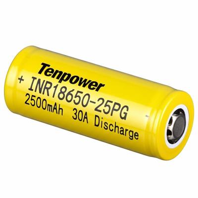 China Tenpower INR18650-25PG 3.6V Cylinder Lithium Ion Battery 2500mAh 30A Discharge for sale