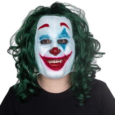 China Full Head Creepy Halloween Scary Clown Joker Mask with Green Wig Adult Size Natural Latex for sale