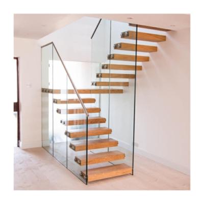 China Solid Wood Treads Floating Staircase Stair Manufacturer Custom Made Suspension Stair Modern Indoor Glass/ Metal Fence Customize for sale