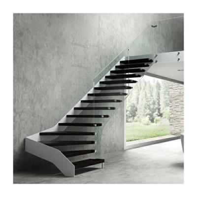 China Floating wood tread straight staircase mono stringer steel wooden modern indoor floating staircase for sale