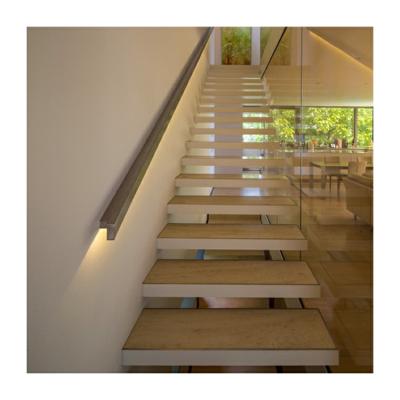 China Wood glass floating stairs indoor wood tread pre-buried stringer floating stair for sale