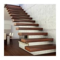 China Wood glass floating stairs indoor wood tread pre-buried stringer floating stair for sale