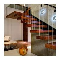 China Floating wooden striaght staircase stair wooden steps floating staircase with landing for sale