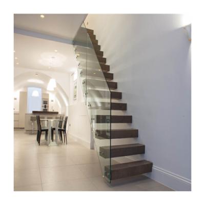 China Glass wood floating stairs indoor wooden tread staircase floating hidden stringer stairs for sale