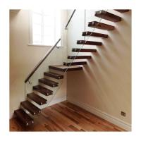 China Glass wood floating stairs indoor wooden tread staircase floating hidden stringer stairs for sale