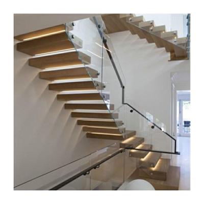 China Wood floating stairs design wooden manufacturer frameless railing floating staircase for sale