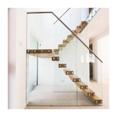 China Floating wooden striaght staircase wood stair edging railing for floating stairs for sale