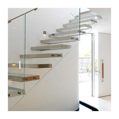 China Industrial portable staircase handrail glass design modern floating glass stairs for sale