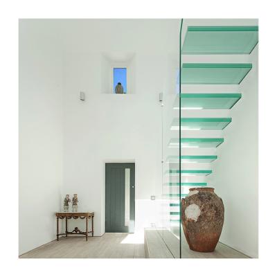 China White painted rails inner glass staircase frameless floating glass stair for sale