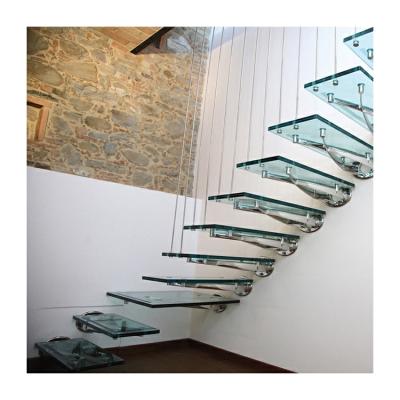 China Precast straight stairs frameless glass railing marble floating staircase for sale