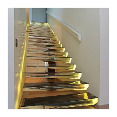 China Led stripe stairs prefabricated fiberglass cheap glass floating staircase for sale