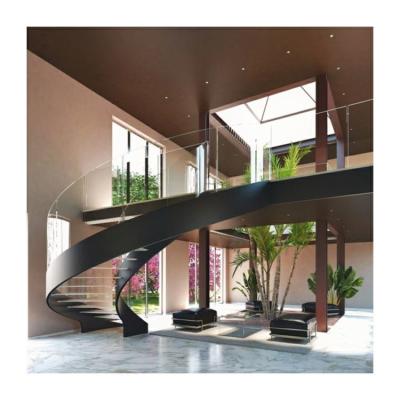 China Competitive price double layer glass curved mono stringer staircase how to make curved stairway for sale