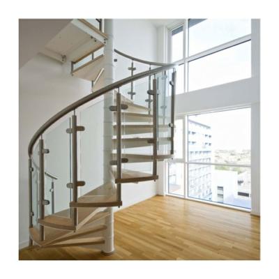 China Steel stringer helical glass stairs solid wood treads spiral staircase for sale