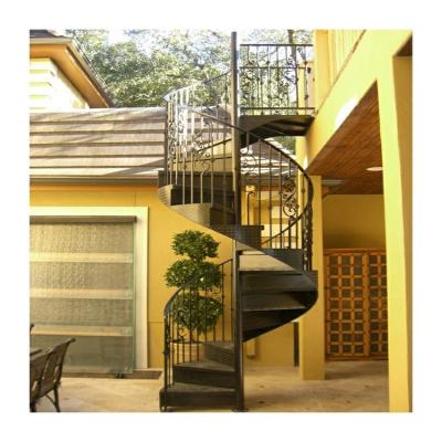 China Outdoor metal stair wrought iron stairs banisters design toughed glass steel spiral staircase for sale