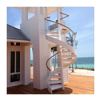 China Modern wrought iron handrails round metal staircase steel glass spiral stair for sale