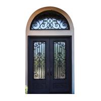 China Villa Main Entry Door Exterior Rustic Arch Decorative Grille Double Wrought Iron Entrance Front Doors for sale