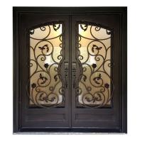 China Wrought Iron Gate Door With Double Glass Opening Window Forged Doors Modern Security Popular Wrought Iron Gate Doors for sale