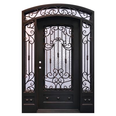 China Perfect Solid Wood Wrought Iron Door Design Entry Double Front Doors With Glass for sale