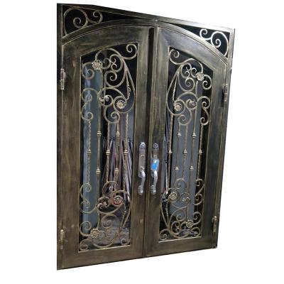 China Custom Interior Exterior Modern Design House Gates Garden Security Frosted Tempered Glass Decorative Wrought Iron Door for sale