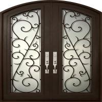 China Custom Interior Exterior Modern Design House Gates Garden Security Frosted Tempered Glass Decorative Wrought Iron Door for sale