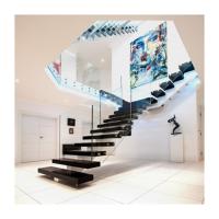 China Condominium european design wood stair banister single beam wood tread straight floating stairway for sale