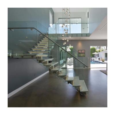 China Library indoor solid wood steps stairs single keel straight wood glass stairway price for sale