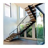 China Library indoor solid wood steps stairs single keel straight wood glass stairway price for sale