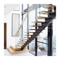 China Factory supply stairs used safe wood panel railing single stringer wood cover iron straight stairway for sale