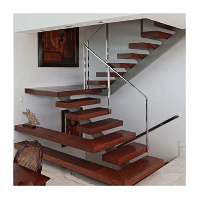 China Factory glass balustrade with wood handrail one beam solid wood straight stairway for sale