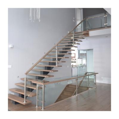China Factory wholesale steel wooden stairs single stringer modern straight glass wood stairway for sale