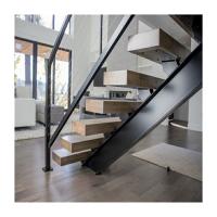 China Foshan factory timber stair with glass railing single stringer modern decorative straight wood stairway for sale