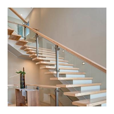 China Factory direct sales wooden tread tempered glass stair single beam wood straight prefab stairway for sale