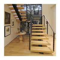 China Factory dark wood stairs central stringer stainless steel wood straight stair for sale
