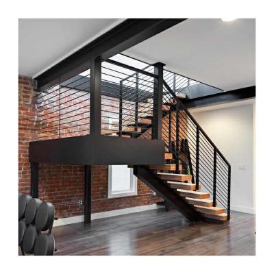 China Household individual  thick solid wooden tread stairs one beam straight steel wood stairway for sale