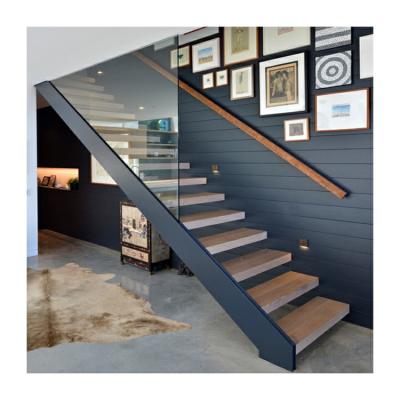 China Townhouse timber glass staircase central stringer modern wood straight stairway for sale