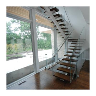 China Factory seller elegant solid wooden stairs staircase one beam straight wood glass stairs for sale