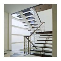 China Library indoor glass wooden stairs single stringer straight staircase wooden for sale