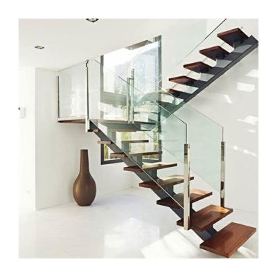 China Residential l shaped wood staircase single stringer wooden steps' straight stair for sale